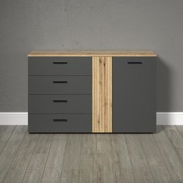 Inosign Kommode »Estepona« 1 Stk. tlg. Sideboard mit voll ausziehbaren Schubladen - (B/T/H) 139/38/86 cm Anthrazit/Eiche