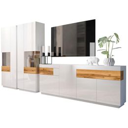 Inosign Wohnwand »SILKE« Set, 3 Stk. tlg. weiß Hochglanz/votaneichefarben Set besteht aus 2 Vitrinen und 1 Sideboard, ideal für eine organisierte...