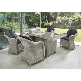 Destiny Garten-Essgruppe »MALAGA LUNA« 4x Sessel, 1x Tisch, inkl. Auflagen, 13 Stk. tlg. Aluminium, Polyrattan vintage weiß + Obermaterial: 100%...