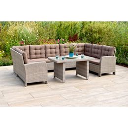 Merxx Garten-Essgruppe »Sarentino« Set, 20 Stk. tlg. Doppeleckbank, 8 Sitzkissen, 10 Rückenkissen, Tisch steinbeige + natur + natur