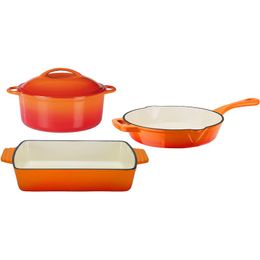 GSW Topf-Set »Orange Shadow« Gusseisen Set, 1x Kochtopf Ø 24 cm, 1x Bratpfanne Ø 26 cm, 1 Auflaufform 35x 21 cm, 4 Stk. tlg. Induktion orange