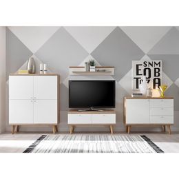 Andas Wohnwand »Merle« Set, 4 Stk. tlg. Eiche Riviera NB/Weiss matt Set besteht aus 1 Lowboard, 1 Highboard, 1 Sideboard und 1 Wandregal