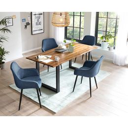 Salesfever Essgruppe »- stilvolles Design« Set, 5 Stk. tlg. 5-teiliges Set mit authentischer Baumkanten-Tischplatte Cognac, Dunkelblau, Schwarz +...