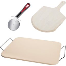 Westmark Pizzastein Keramik Set, 3 Stk. tlg. Inkl. Pizzaschaufel und Pizzaschneider beige