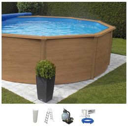 KWAD Rundpool »Wood Design, inkl. Sicherheitsleiter und Zubehör« 5-tlg., H: 132 cm, sandfarbene Innenfolie braun Ø/B/H/L: 460 cm x Breite x Höhe...