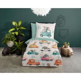 Good Morning Kinderbettw&auml;sche &raquo;Gogo&laquo; 2 Stk. tlg. Baumwolle, 135x200, Rei&szlig;verschluss, Wendeoptik, Kind, Junge, Fahrzeuge gr&uuml;n Renforc&eacute;, Obermaterial: 