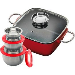 King Bräter »4L« Aluminiumguss Set, 3 Schüsseln mit Deckeln: Ø17.5 Ø14.5 Ø12cm, 24x24cm Aluguss-Bräter, 8 Stk. tlg. Aromaknopf, Induktion, mit...