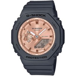 Casio G-SHOCK Chronograph Quarzuhr, Armbanduhr, Damen, Herren, digital, bis 20 bar wasserdicht schwarz-rosegoldfarben Trendstarker Chronograph für...