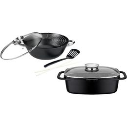 GSW Topf-Set »Gourmet Granit« Gusseisen Set, 1 Bräter 32cm, 1 Wok Ø32cm, mit Deckel, Gittereinsatz, Pfannenwender, 4 Stk. tlg. Induktion schwarz