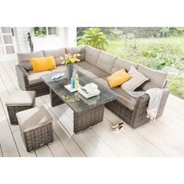 Destiny Gartenlounge-Set »SANTA PONSA« 2x Schenkel, 2x Hocker, 1x Tisch, inkl. Auflagen, 20 Stk. tlg. Aluminium, Polyrattan braun + Obermaterial:...