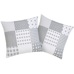 L&uuml;ttenh&uuml;tt Kissenbez&uuml;ge &raquo;Gretje&laquo; f&uuml;r Kinder, 50x50 cm, mit Rei&szlig;verschluss, Baumwollmischung, Patchwork grau Baumwolle, Obermaterial: 50% Baumwolle, 50% Polyester