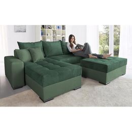 Collection AB Ecksofa »Josy L-Form, B: 214 cm in Cord, Cord-Mix« mit Bettfunktion, Bettkasten & 2 Zierkissen, Federkern grün/dunkelgrün