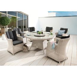 Destiny Garten-Essgruppe »LUNA« 6x Sessel, 1x Tisch, 1x Drehteller, inkl. Auflagen, 19 Stk. tlg. Aluminium, Polyrattan vintage weiß + Obermaterial:...