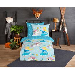 Good Morning Kinderbettw&auml;sche &raquo;Iceprincess&laquo; 2 Stk. tlg. Biber, 135x200, Warm, Weich, Wende, Rei&szlig;verschluss, M&auml;dchen, Einhorn blau Biber, Obermaterial: