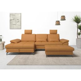 Places of Style Ecksofa »Costello L-Form, B: 301 cm mit Sitztiefen-, Armteilverstellung &« 3 Nierenkissen, optional Bettfunktion & Bettkasten curry