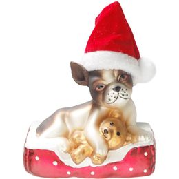 KREBS GLAS LAUSCHA Christbaumschmuck &raquo;CBK01003, Weihnachtsdeko rot, Christbaumschmuck&laquo; Hund mit Weihnachtsm&uuml;tze, aus Glas rot-braun