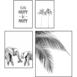 Reinders! Wandbild »Wandbilder Set Be Happy Palm - Baum - Modern - Elefant - Glück« Schriftzug 4 Stk. tlg. Farbe Bild(er): schwarz/weiß