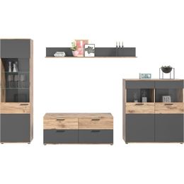 Inosign Wohnwand »Riga« 4 Stk. tlg. Korpus/Front/Absetzung: Nox Oak NB/Basalt grau NB/Nox Oak MDF TZ Set besteht aus 1 Vitrine, 1 Stauraumvitrine,...