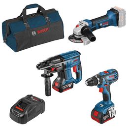 Bosch Professional Akku-Schrauber Set, 7 Stk. tlg. mit 3 Werkzeugen, Werkzeugtasche, Akkus und Ladegerät blau