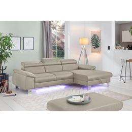 COTTA Ecksofa »Komaris L-Form, B: 244 cm« mit Kopfteilverstellung, optional Bettfunktion, Bettkasten & Licht grau