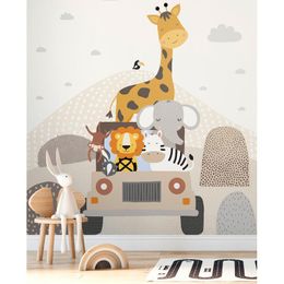 Lüttenhütt LÜTTENHÜTT Fototapete »Kinderzimmer Safari Tiere« Auto glatt mit Löwe, Bär, Elefant, Affe und Zebra Beige, Creme beige,creme,gelb B/L: 2 m m x 2,6 m m