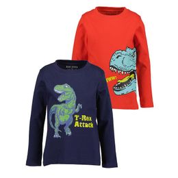 Blue Seven Langarmshirt »Jungen Langarmshirts« 2 Stk. tlg. M02 - TOMATE+ULTRAMARIN 116 116 Jungen Langarmshirts mit großem Dinosaurier Frontdruck