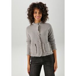 Aniston CASUAL Strickjacke, aufwändig mit Franzen verziert - NEUE KOLLEKTION hellgrau-meliert 38 38 Jacke aus weicher Feinstrick-Qualität