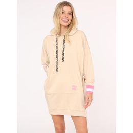 Zwillingsherz Sweatkleid &raquo;"Wild Free"&laquo; K&auml;ngurutasche mit Kapuze, Tasche, Leo-Detail und gro&szlig;er Stickerei hinten Beige SM (S/M) - N-Gr N-Gr SM (S/M)...