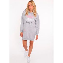 Zwillingsherz Sweatkleid &raquo;"Love Amour Liebe"&laquo; K&auml;ngurutasche mit praktischen Fronttaschen und bedruckter Kordel light grey L - N-Gr N-Gr L Mit...