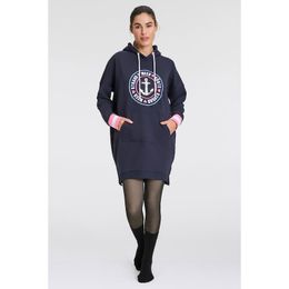 Zwillingsherz Sweatkleid &raquo;"Zuhause am Strand"&laquo; K&auml;ngurutasche mit Kapuze, K&auml;nguruhtasche, Pailletten, Neonstreifen, Seitenschlitze marine S/M - N-Gr...