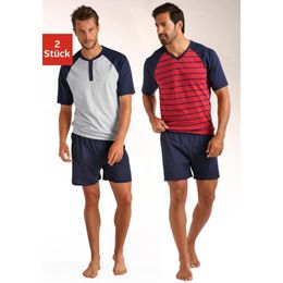 Le Jogger Pyjama Packung, 2 Stück, 4 Stk. tlg., in kurzer Form, mit Raglanärmeln grau-meliert, rot 44/46 44/46 Kurze Pyjamas im 2er-Pack für Herren