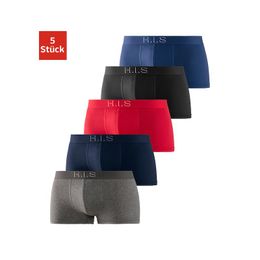 H.I.S. H.I.S Hipster Packung, 5 Stk. tlg., knapp sitzende Boxershorts am Webbund mit Logoschriftzug mit 3D Effekt grau-meliert, schwarz, navy, rot, blau S...