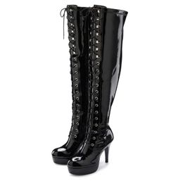 LASCANA Belle Affaire Overkneestiefel »High-Heel-Stiefelette zum Schnüren« mit Reißverschluss und Plateausohle, erotische Lack-Optik schwarz 39 39...