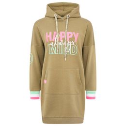 Zwillingsherz Sweatkleid &raquo;"Always Happy Mind"&laquo; K&auml;ngurutasche mit Kapuze und fr&ouml;hlicher Botschaft, neon Armb&uuml;ndchen Olive L/XL (L/XL) - N-Gr N-Gr...