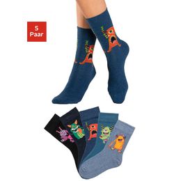 H.I.S. H.I.S Freizeitsocken Packung, 5 Paar tlg. mit lustigen Monstermotiven 1x jeans, 1x jeansblau-meliert, 1x dunkel jeans-meliert, 1x jeans-meliert, 1x...