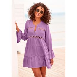 Lascana Longbluse mit Spitzeneinsätzen, Tunika, Blusenkleid, Strandmode flieder 40/42 40/42 Kurzes Kaftankleid mit V-Ausschnitt