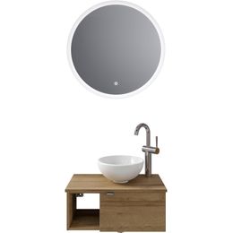 Badmöbel-Set SAPHIR "Serie 6915", braun (riviera eiche, riviera eiche), B:70cm H:200cm T:35cm, Kastenmöbel-Sets, Gäste-Bad, 70 cm breit, mit LED-Spiegel, offenem Fach und 1 Tür