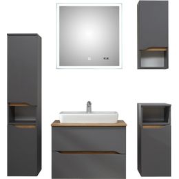 Badmöbel-Set SAPHIR "Quickset 5-teilig, Keramik-Aufsatzbecken mit LED-Spiegel", grau (quarzgrau matt touch, quarzgrau matt, akzent riviera eiche quer nb), Kastenmöbel-Sets, Midischrank, Unterschrank, Hängeschrank, inkl. Türdämpfer, 6 Türen