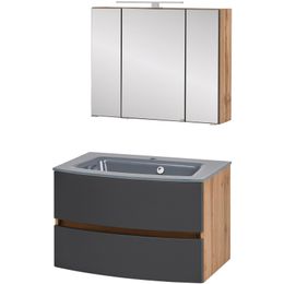 Waschtisch-Set Welltime "Kaunas", grau (matt grau, wotaneiche), B:80cm H:200cm T:49cm, Kastenmöbel-Sets, Breite 80 cm, Soft-Close-Funktion