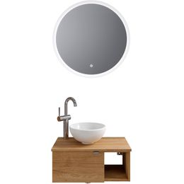 Badmöbel-Set SAPHIR "Serie 6915", braun (halifax eiche, halifax eiche), B:70cm H:200cm T:35cm, Kastenmöbel-Sets, Gäste-Bad, 70 cm breit, mit LED-Spiegel, offenem Fach und 1 Tür