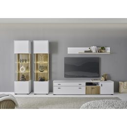 Wohnwand Inosign "HUDSON", weiß (weiß matt tz, applikation evoke eiche mdf tz), B:316cm H:180cm T:42cm, Kastenmöbel-Sets, mit moderner Rillenoptik, Griffe aus Metall (Schwarz), Breite 316 cm