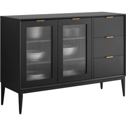 Sideboard LEONIQUE "Lavisha", schwarz, B:120cm H:83cm T:40cm, Echtglas, Eisen, FSC-zertifizierter Holzwerkstoff, Sideboards, FSC-zertifiziertes Holz kombiniert Melamin, verchromten Metallgriffen