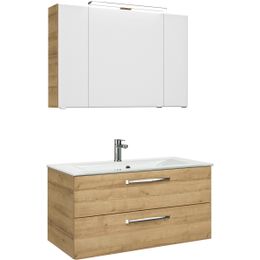 Badmöbel-Set SAPHIR "Trentino 2-teilig Glas-Waschtisch, Spiegelschrank mit LED-Leuchte", braun (riviera eiche quer nb), Kastenmöbel-Sets, Badmöbel-Set 107cm breit, inkl. Türdämpfer, 3 Türen, 2 Auszügen