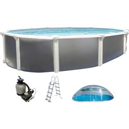 Rundpool KWAD "Design CABRIO DOME inkl. Abdeckung zur Reduzierung des Pflegeaufwandes", grau (anthrazit), H:132cm Ø:460cm, Schwimmbecken, 5-tlg., Höhe: 130 cm, graue Innenfolie, inkl. Sicherheitsleiter