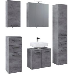 Badmöbel-Set SAPHIR "Quickset 945 5-teilig, Waschbeckenunterschrank mit LED-Spiegelschrank", grau (oxid dunkelgrau quer), Kastenmöbel-Sets, Unterschrank, Hängeschrank, Hochschrank, 9 Türen, inkl. Türdämpfer