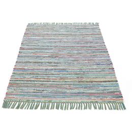 Teppich CarpetFine "Kelim Chindi, Wendeteppich", grün, B:160cm H:6mm L:230cm, Baumwolle, Polyester, Teppiche, Fransenteppich, handgewebt, Fleckerlteppich mit Fransen, auch vielen in Läufergrößen
