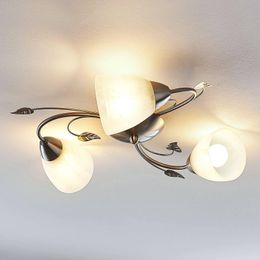 LINDBY Deckenleuchte Yannie, 3-flg., 50cm, nickel/weiß, Glas