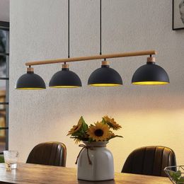 LINDBY Hängeleuchte Tirzana, 4-flg., schwarz, Metall, Holz