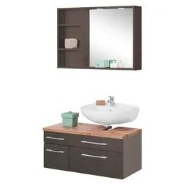 Badmöbel-Set Welltime "Davos", grau (graphit, grau), Siphonausschnitt rechts, Holzwerkstoff, MDF, Melamin, Kastenmöbel-Sets, Spiegel inklusive Beleuchtung, Regal und Waschbeckenunterschrank