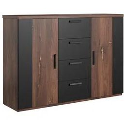 Schubkastenkommode Home Affaire "Sigma, Breite 132 cm, moderne Schubladenkommode, Made in Europe", braun (eiche flagstaff, eiche flagstaff, schwarz matt), B:132cm H:94cm T:40cm, Dekorfolie, FSC-zertifizierter Holzwerkstoff, Sideboards, Kommode viel Stauraum, Einlegeböden verstellbar, Anrichte